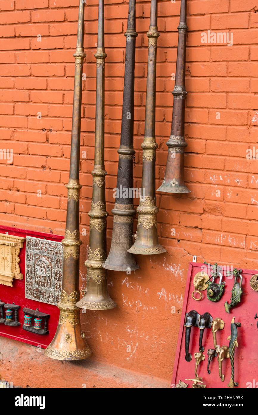Tibetan horns or dungchen used in Buddhist ceremonies in Tibet and ...