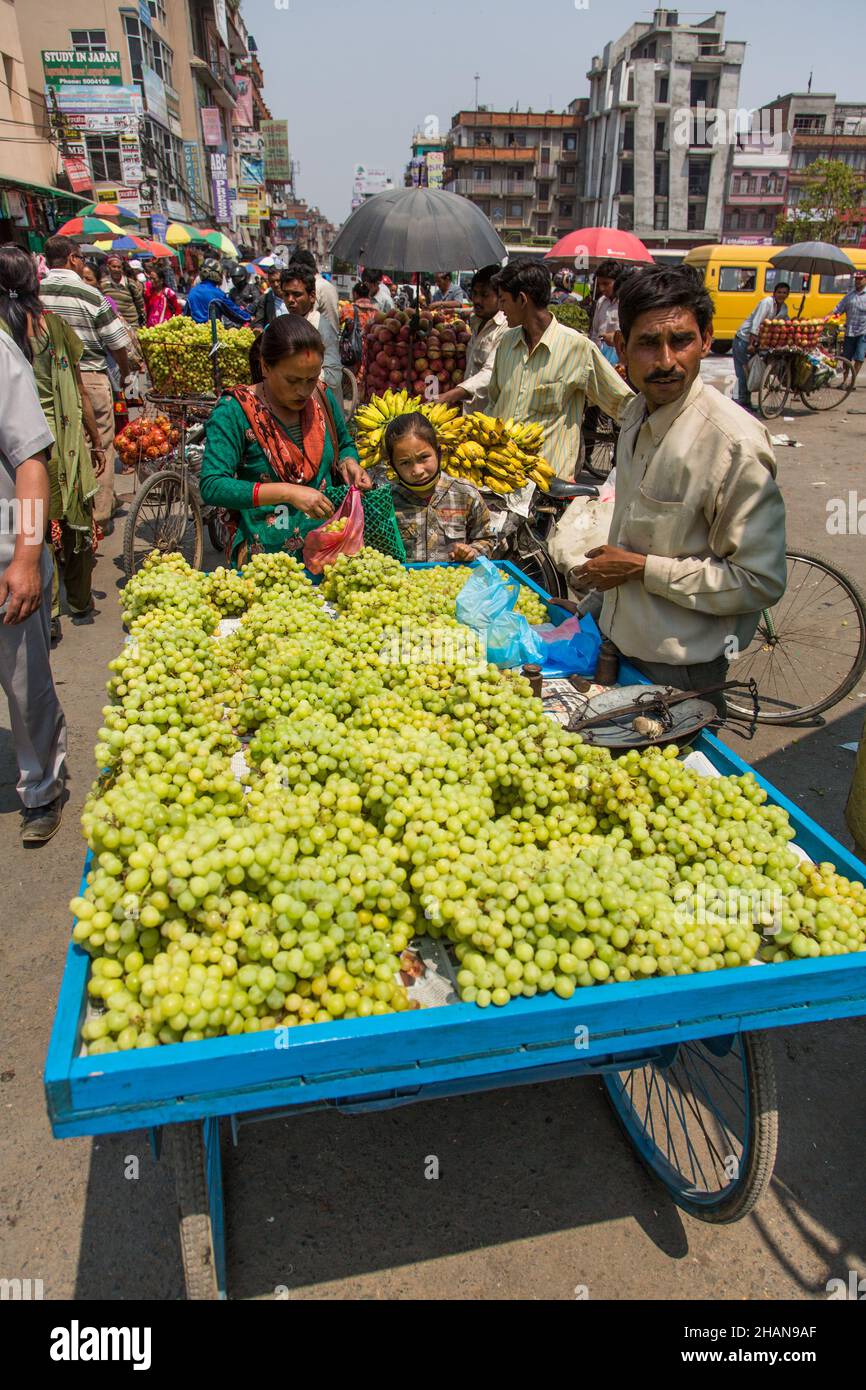 A vendor selling grapes from his cart in a street market in Patan ...