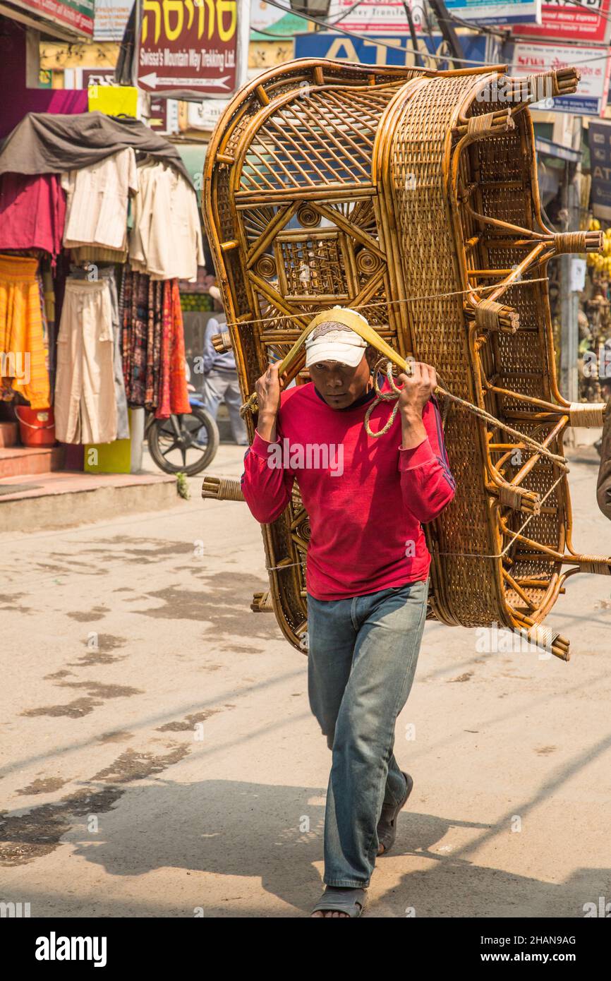 A Nepali man carries a heavy wicker sofa on his back with a tumpline on ...