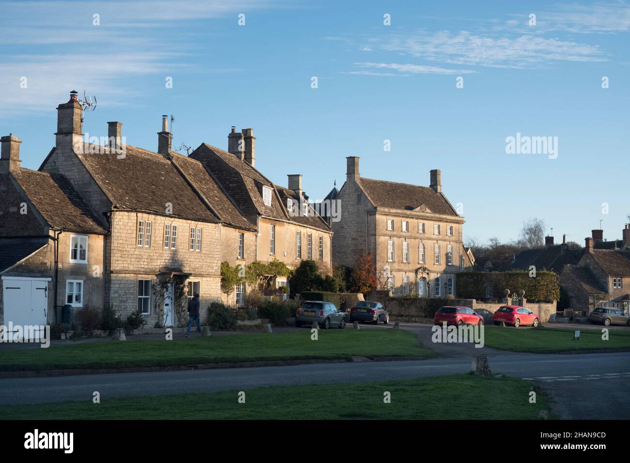 Winter view of Biddestone vollage in Wiltshire England. Low winter sun ...