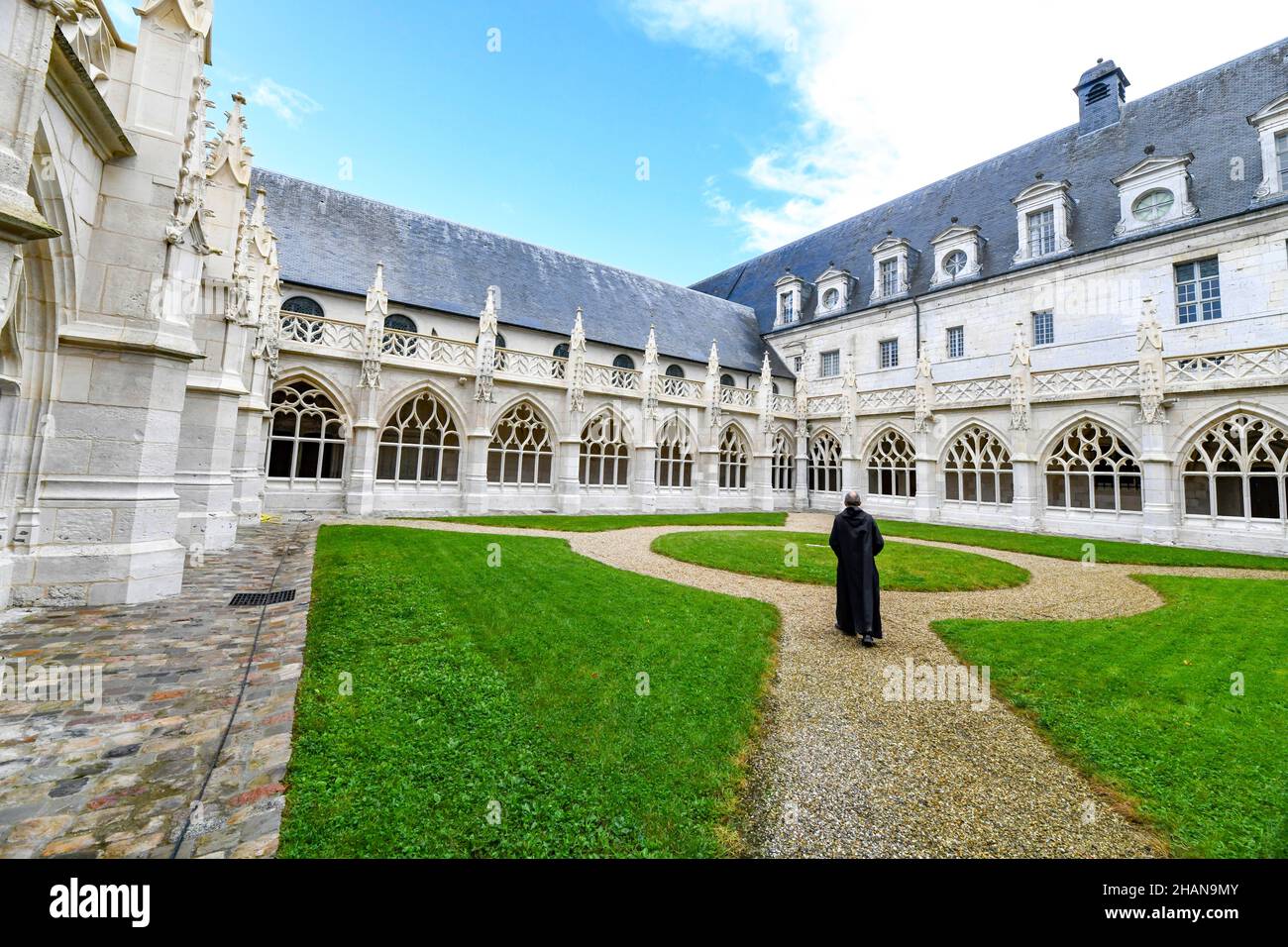 Benedictine monk in the cloister of the Abbey of Saint-Wandrille ...
