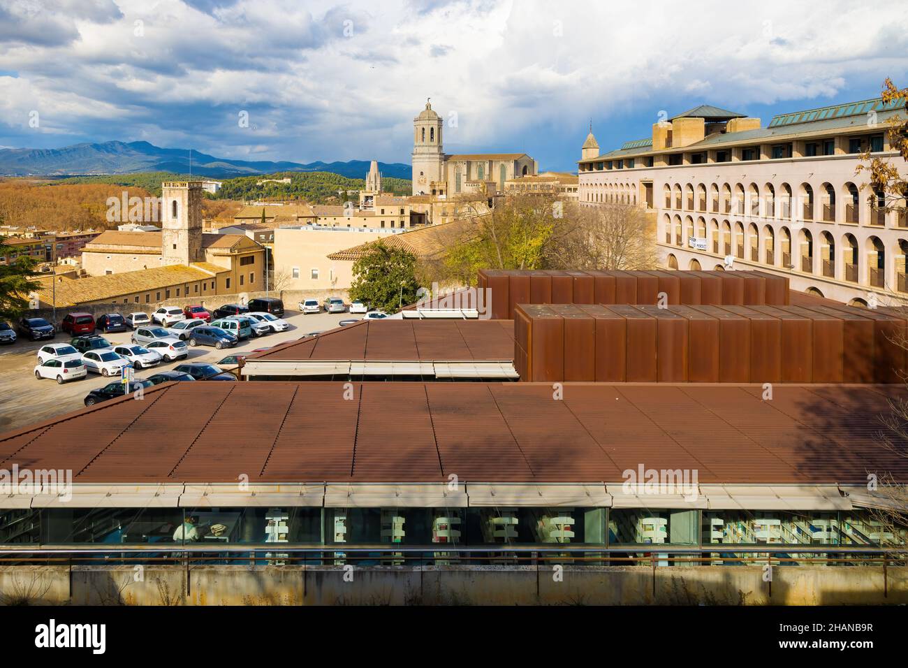 Panoramic aerial view of the city of Girona with the bell tower of the ...