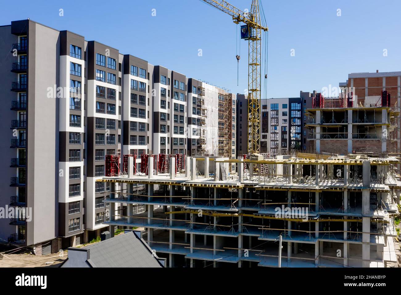 Aerial view of high residential apartment building under construction ...