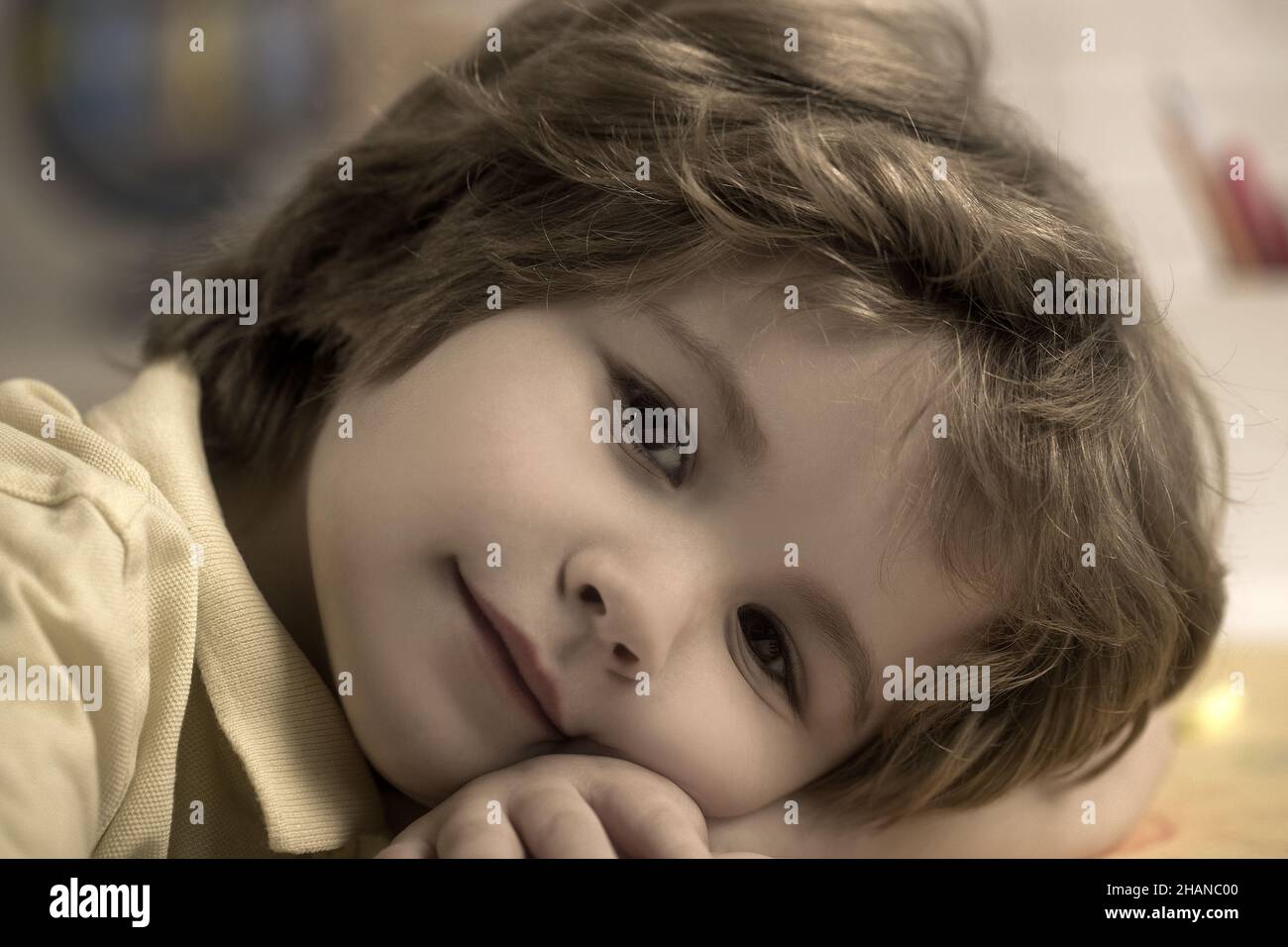 European boy with brown eyes looking directly at the camera, close-up ...