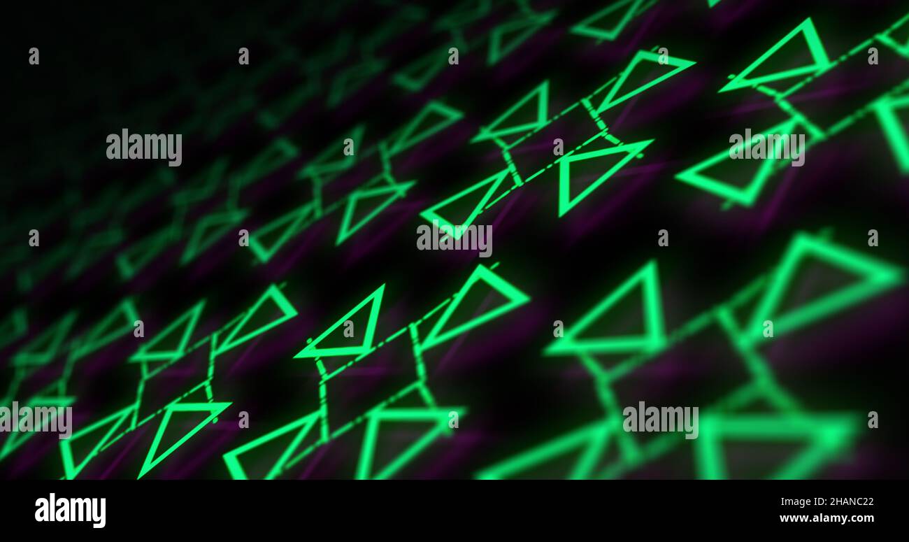 Abstract background with green neon glowing triangles. Futuristic style ...