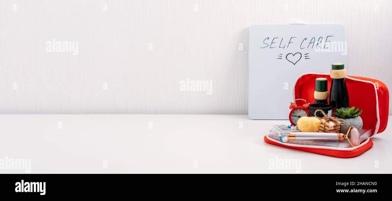 Self Care Kit, Self Care Package. Cosmetics bottles, face massager ...