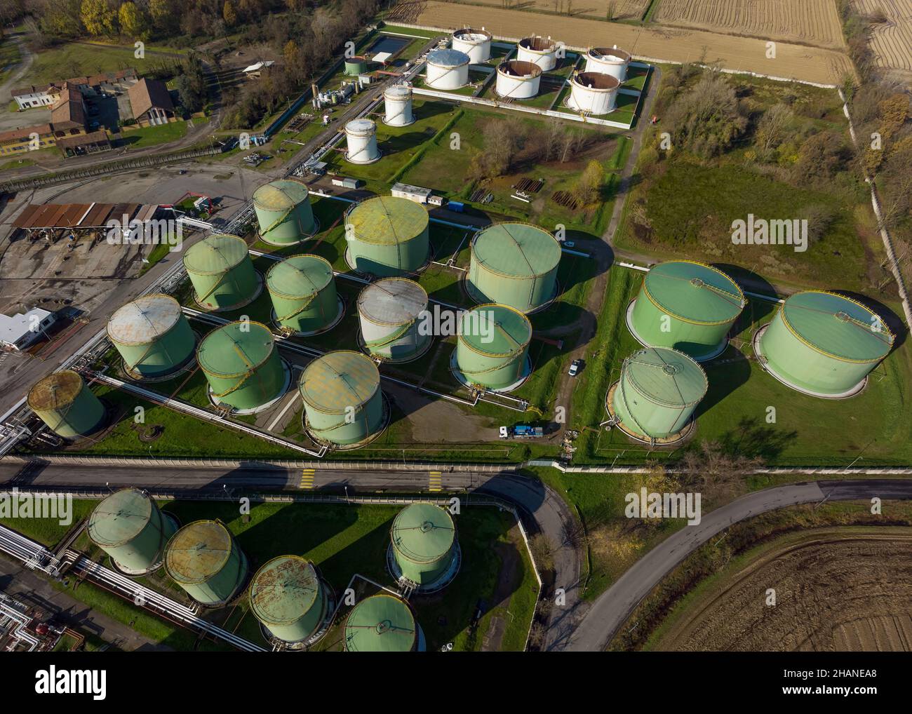 Aerial view of steel round Oil Storage Tanks, storage and handling ...
