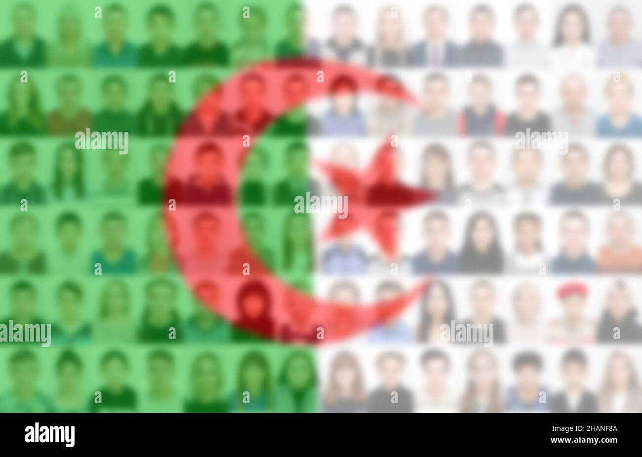 Portraits of many people on the background of the flag of Algeria. The ...
