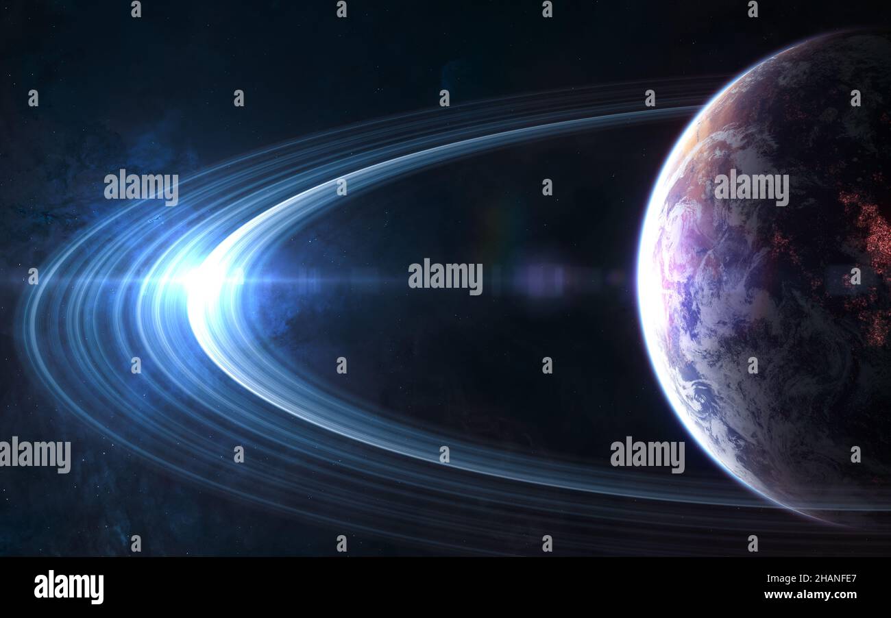 Beautiful space landscape. Inhabited planet of deep space in light of ...