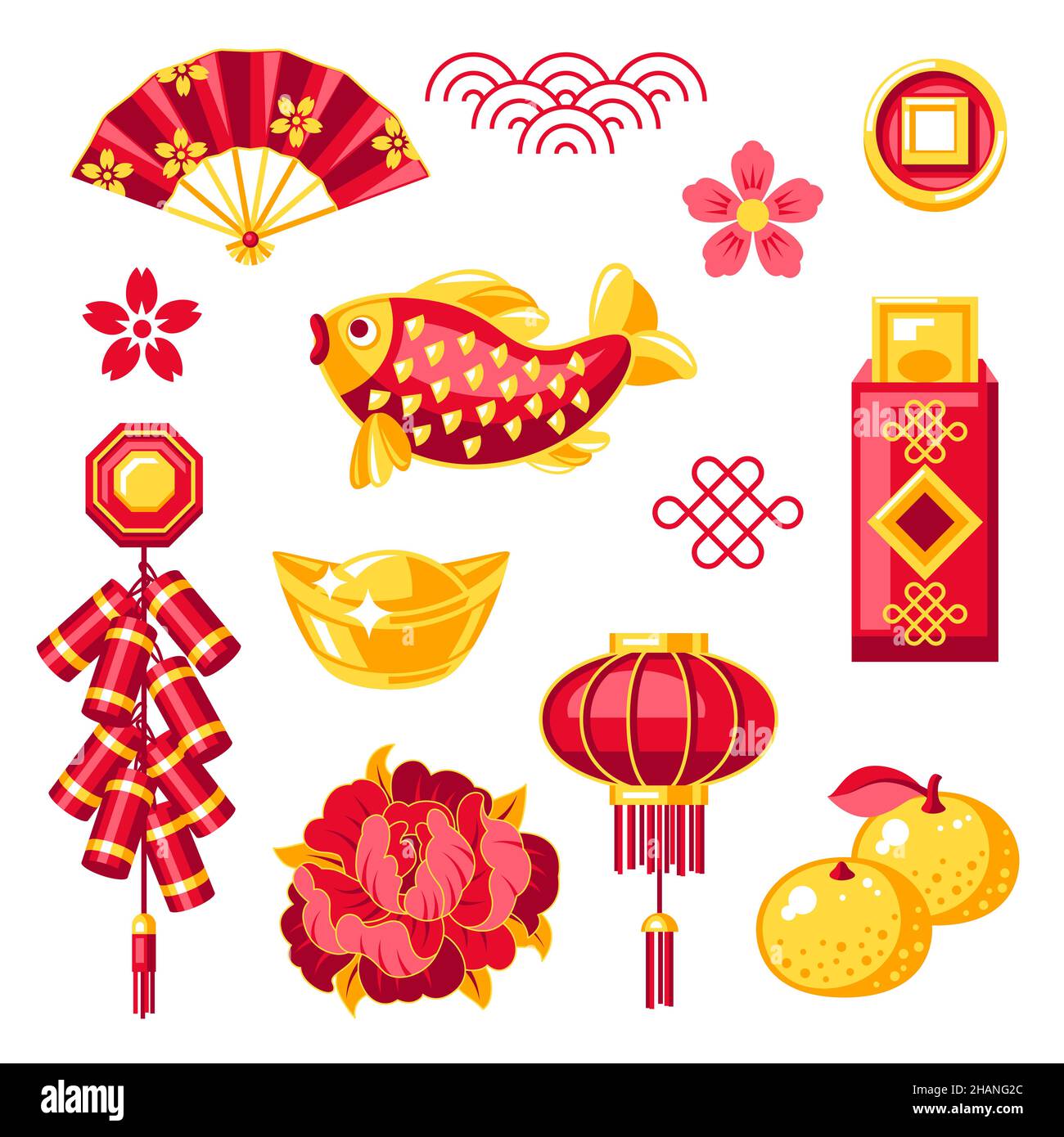 Happy Chinese New Year set. Talismans and holiday decorations. Asian ...