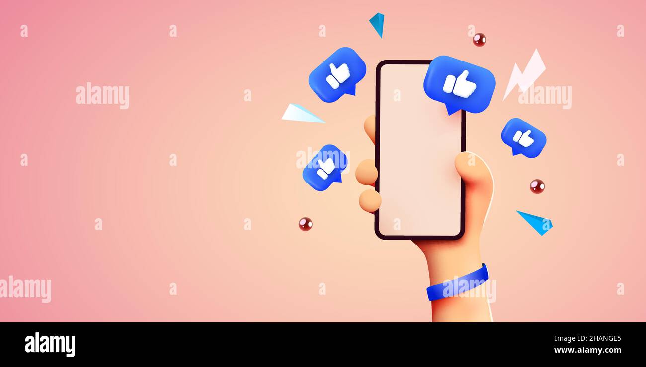 Cute cartoon hand holding mobile smartphone with Likes notification ...