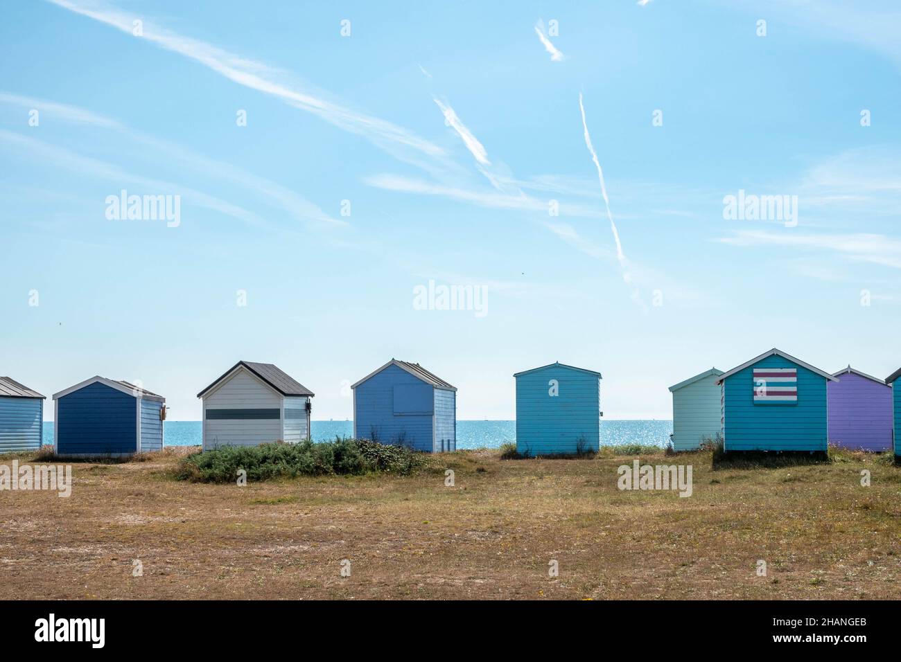colourful beach huts at the seaside Hayling Island Hampshire England ...