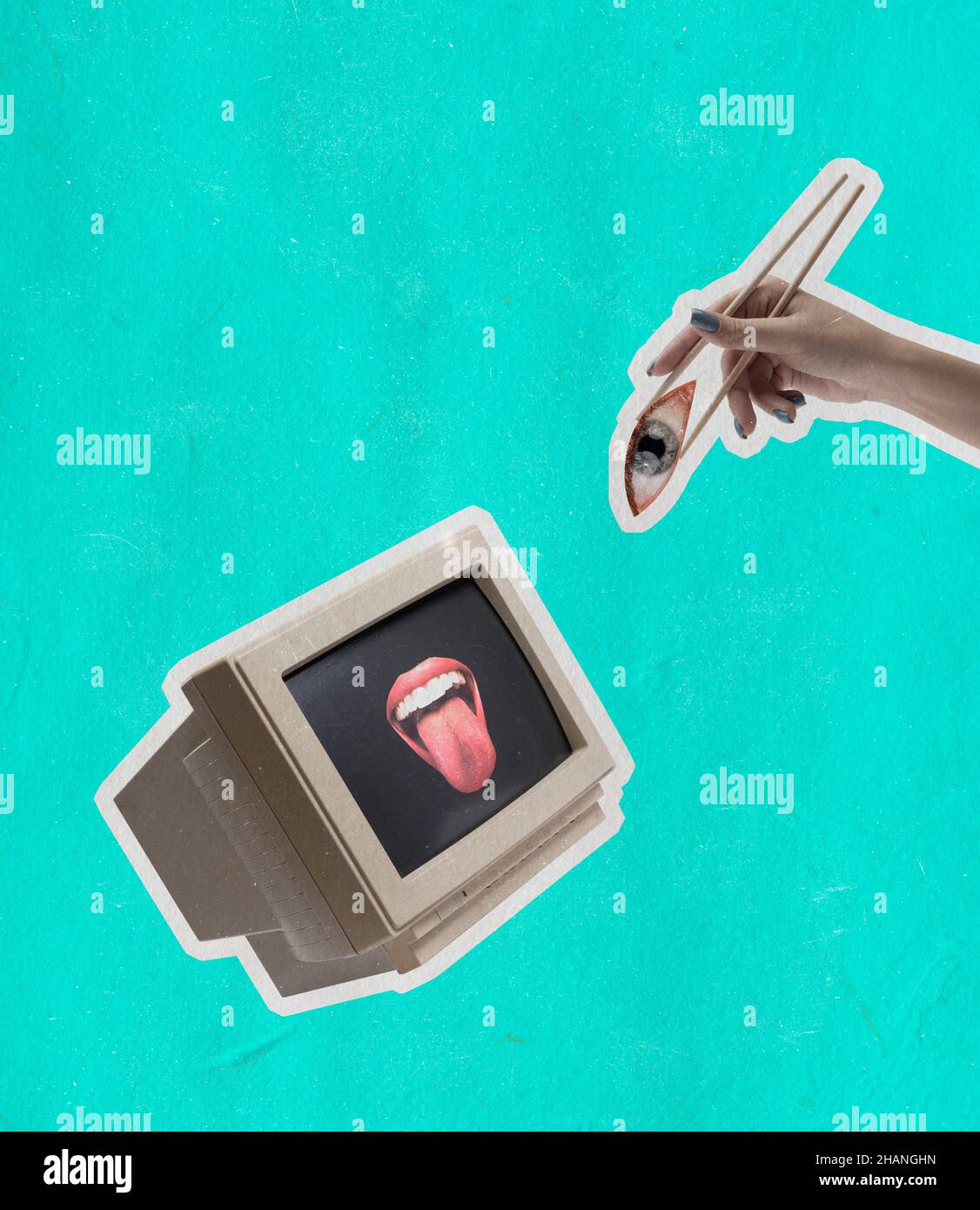 Contemporary art collage of retro computer with female mouth on screen ...