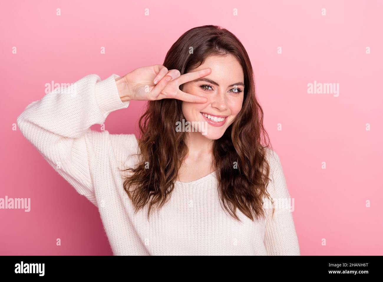 Photo of young attractive girl happy positive smile show peace cool v ...