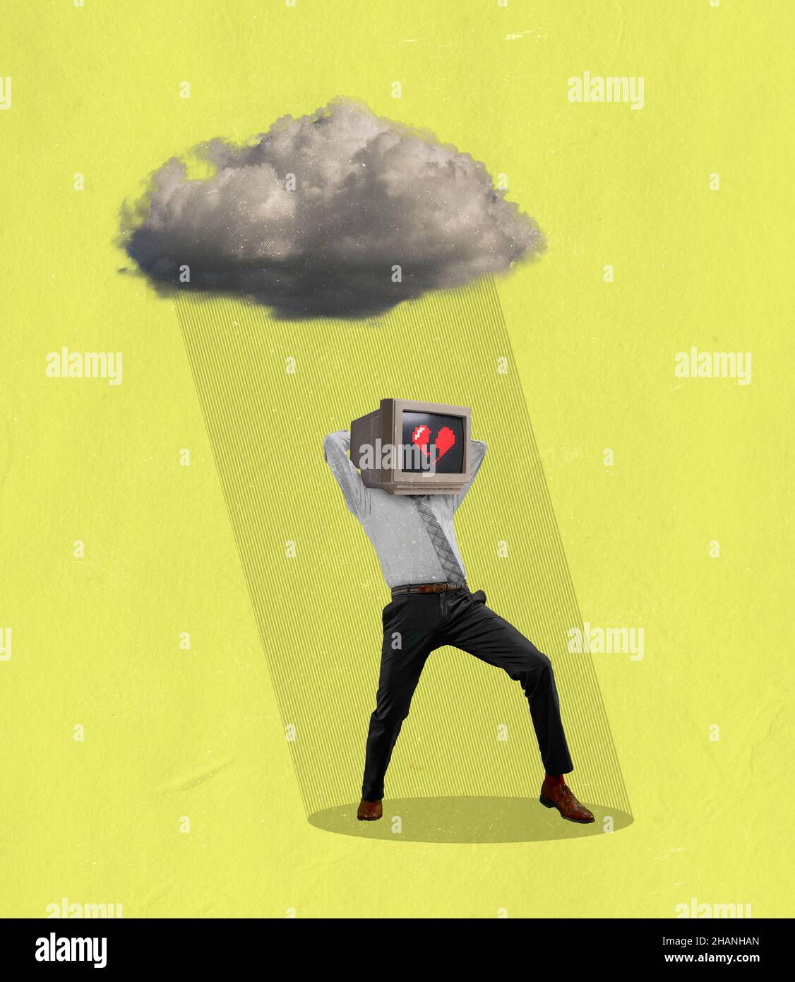 Contemporary art collage of man in a suit with retro computer head ...