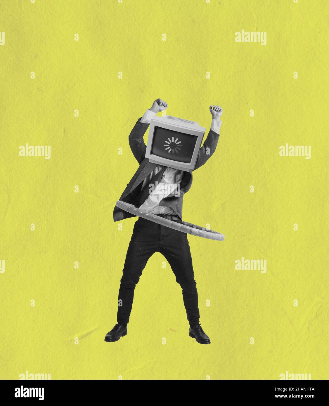 Contemporary art collage of man in a suit with retro computer head ...