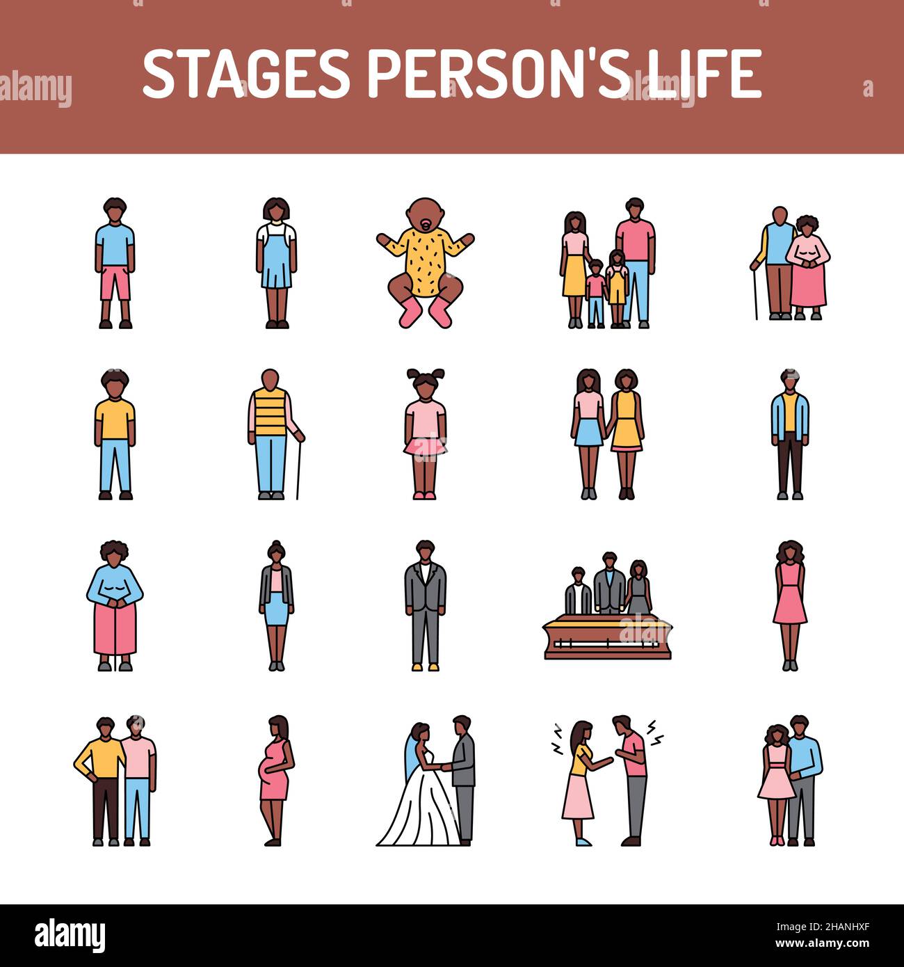 Stages person's life line icons set. Isolated vector element. Outline ...