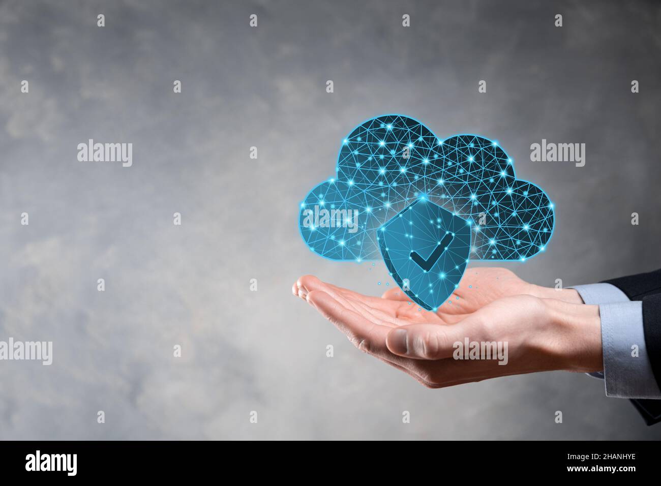 Cloud technology. Polygonal wireframe cloud storage sign with shield with a tick on dark blue ...