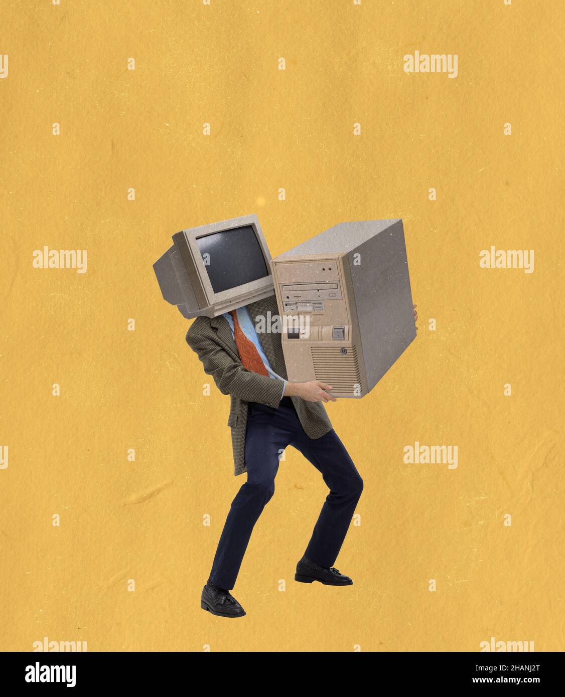 Contemporary art collage of man with retro computer head carrying heavy ...