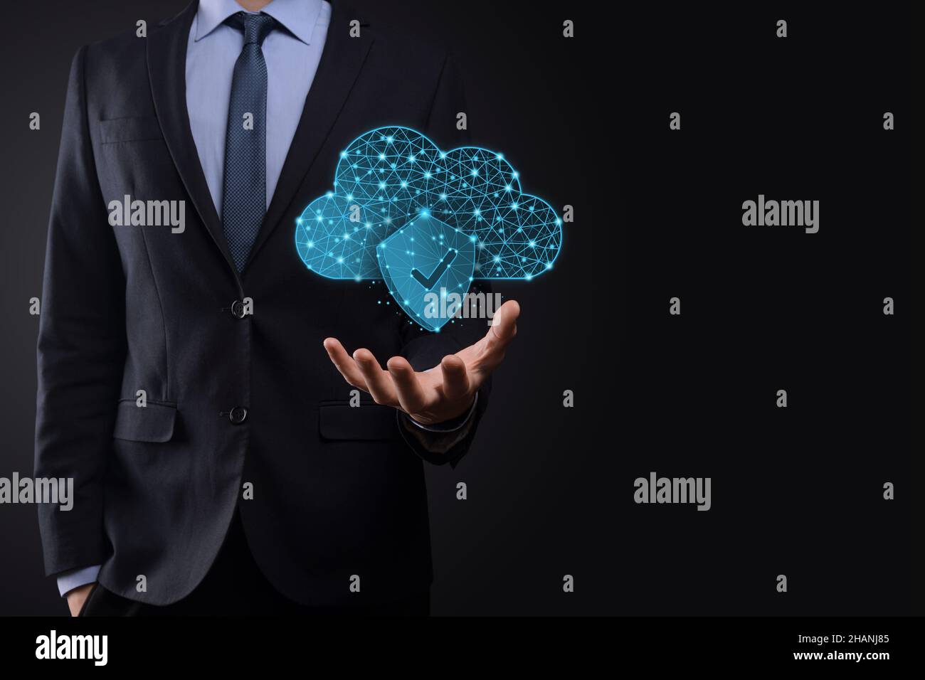 Cloud technology. Polygonal wireframe cloud storage sign with shield ...