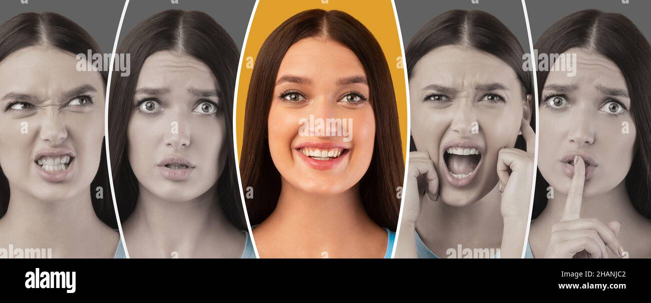 Mood swings during day. Young woman showing various emotions, creative ...