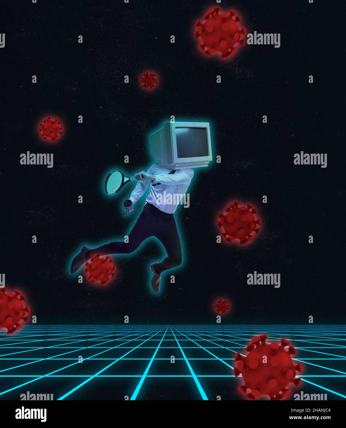 Contemporary art collage of man ith retro computer head killing virus ...