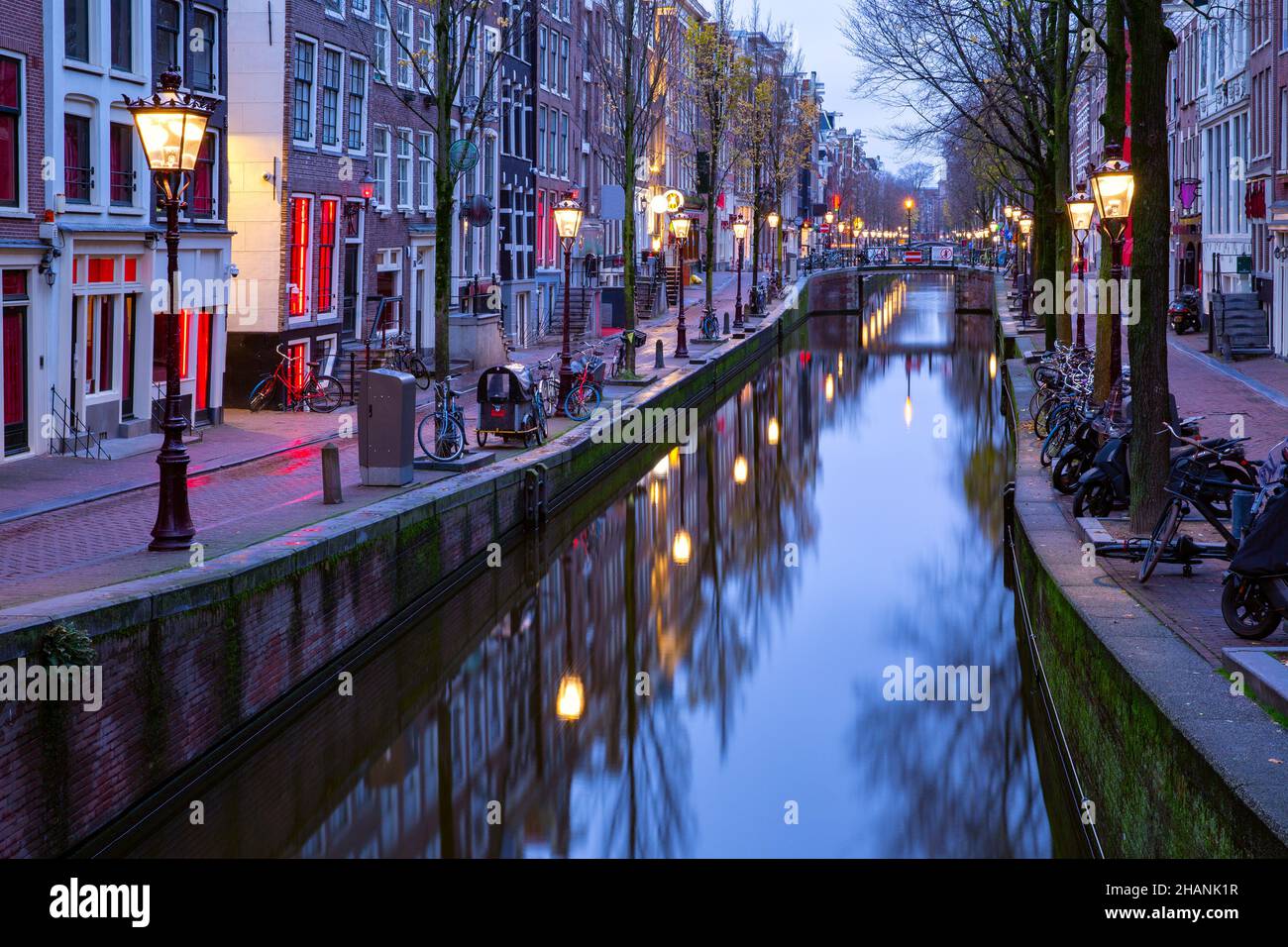 Empty De Wallen, famous red-light district, during morning blue hour ...