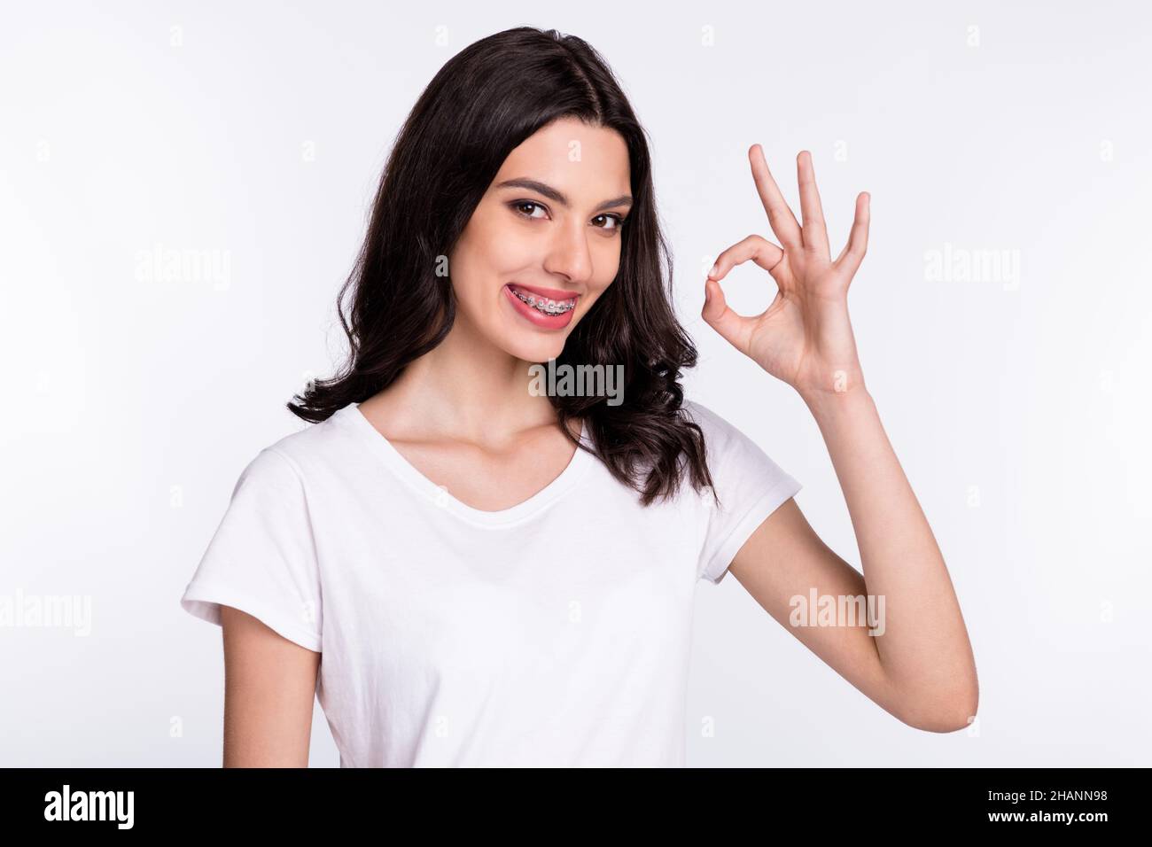 Photo of funny adorable young lady wear casual outfit smiling showing ...