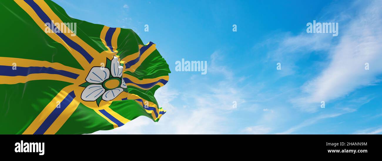 flag of Abbotsford, British Columbia , Canada at cloudy sky background ...