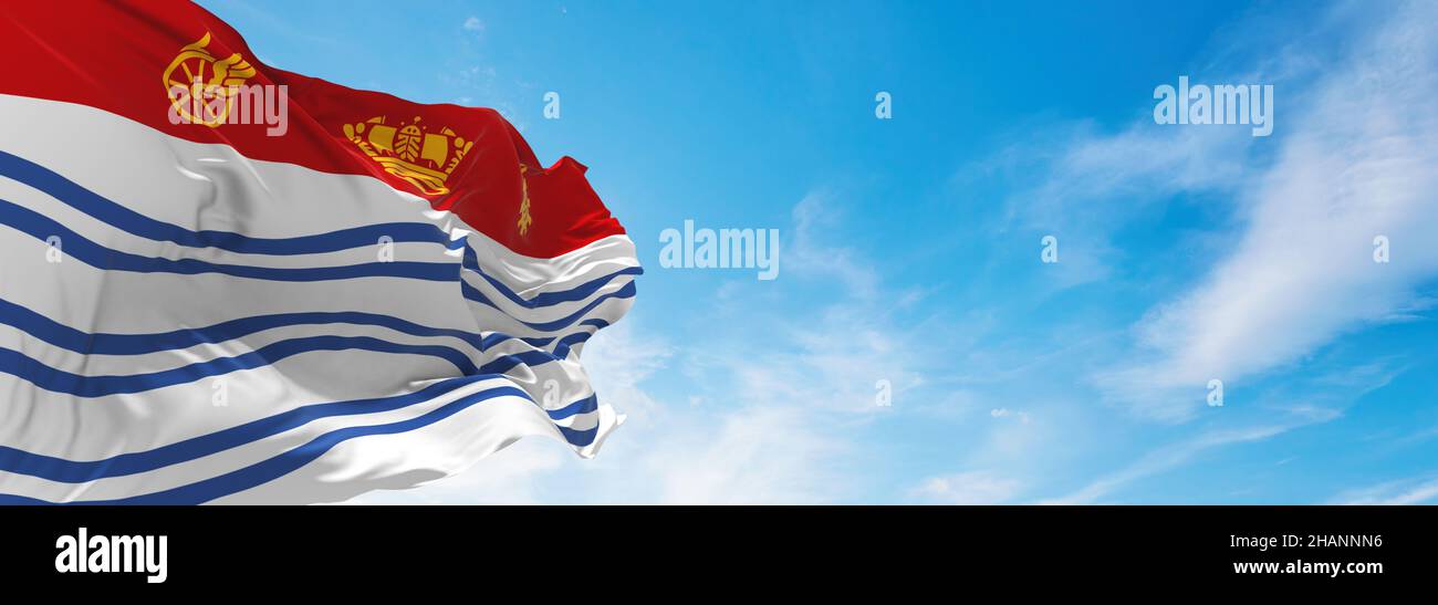 flag of Barrie , Canada at cloudy sky background on sunset, panoramic ...