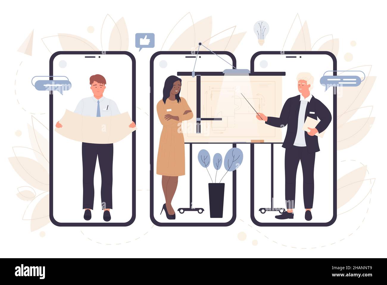 Architect in suit showing architecture project on screens of mobile ...