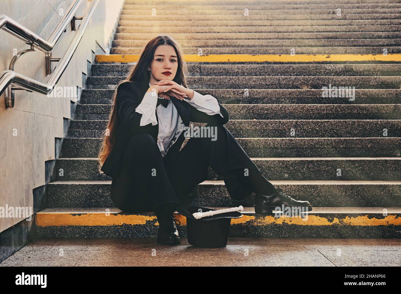 portrait of woman with flute street musician Stock Photo - Alamy