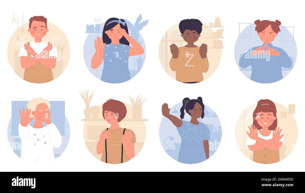 Kids with stop warning gesture in round avatar set vector illustration ...