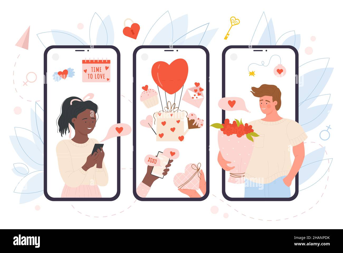 Love, happy romantic relationship on screens of mobile phones vector ...