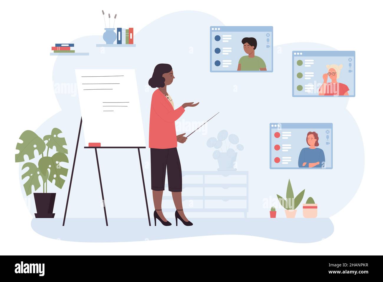 Online lesson in virtual class with teacher and students vector ...