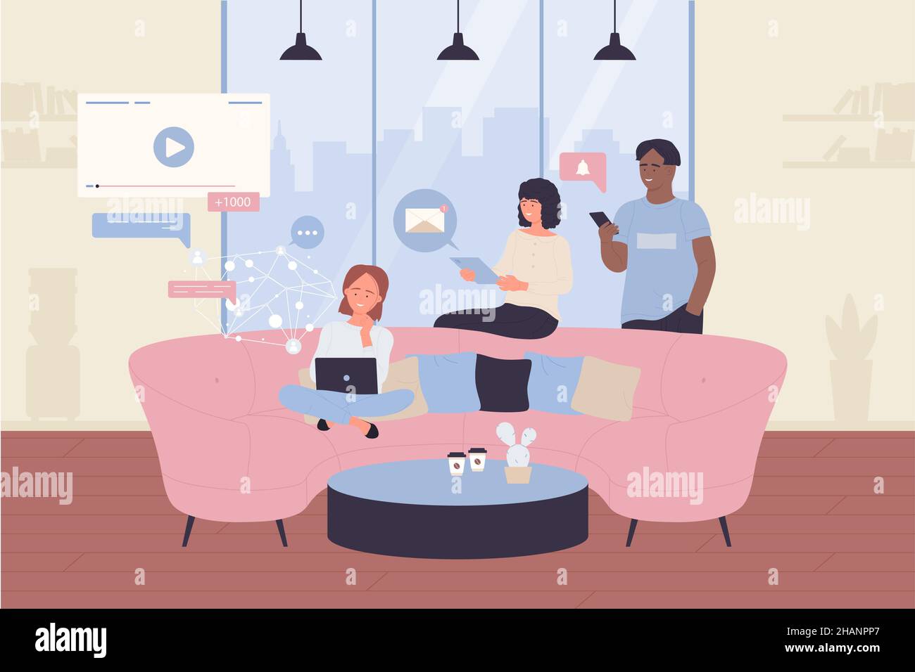 Modern coworking workspace with people using laptop, smartphone and ...