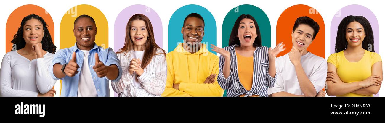 Collage of cheerful, pensive, happy, successful and surprised young diverse people on colorful ...