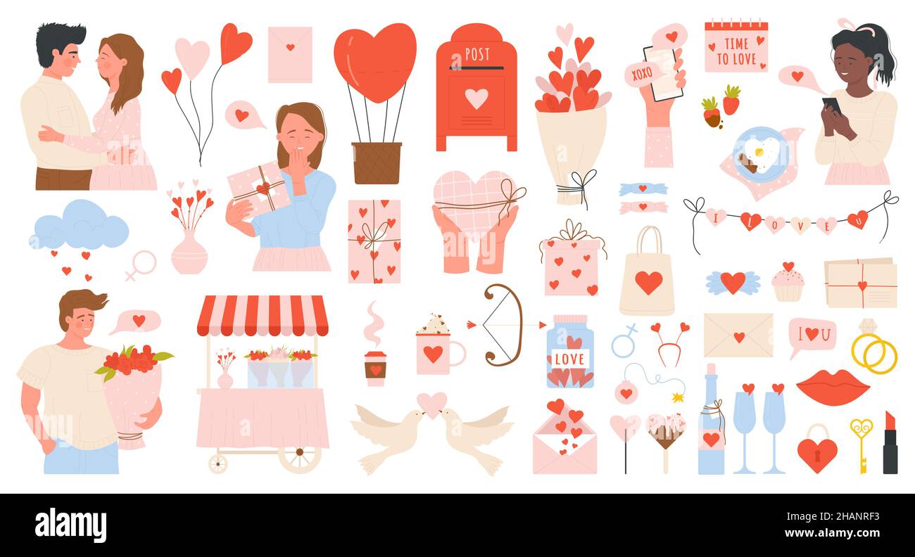 Love, romantic collection vector illustration. Cartoon couple people in ...