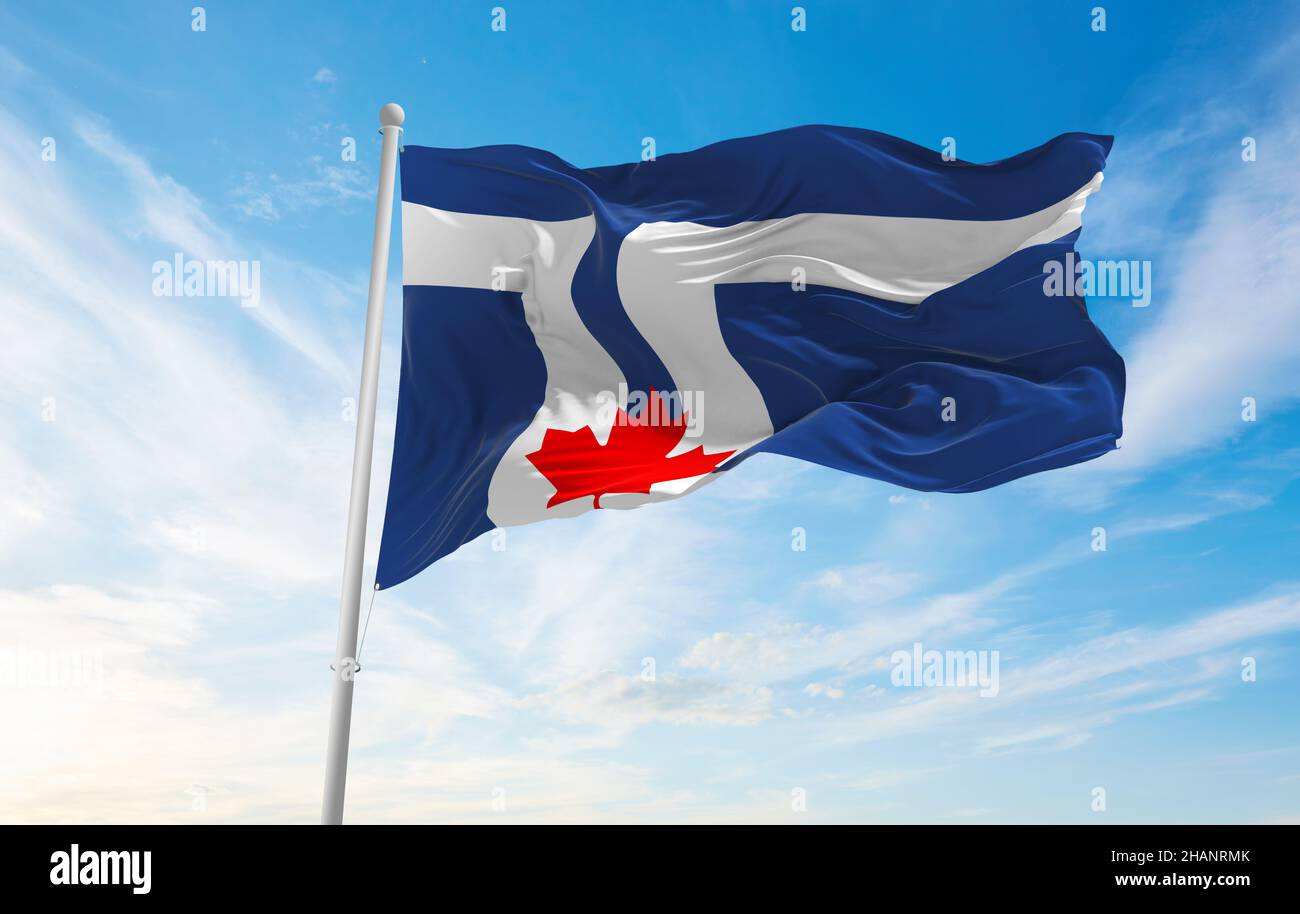 flag of Toronto , Canada at cloudy sky background on sunset, panoramic ...