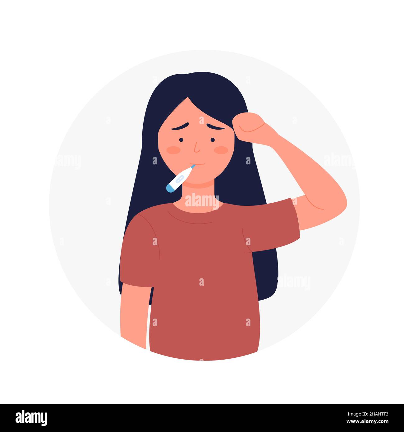 Girl with fever measuring temperature with thermometer. Flu infection ...