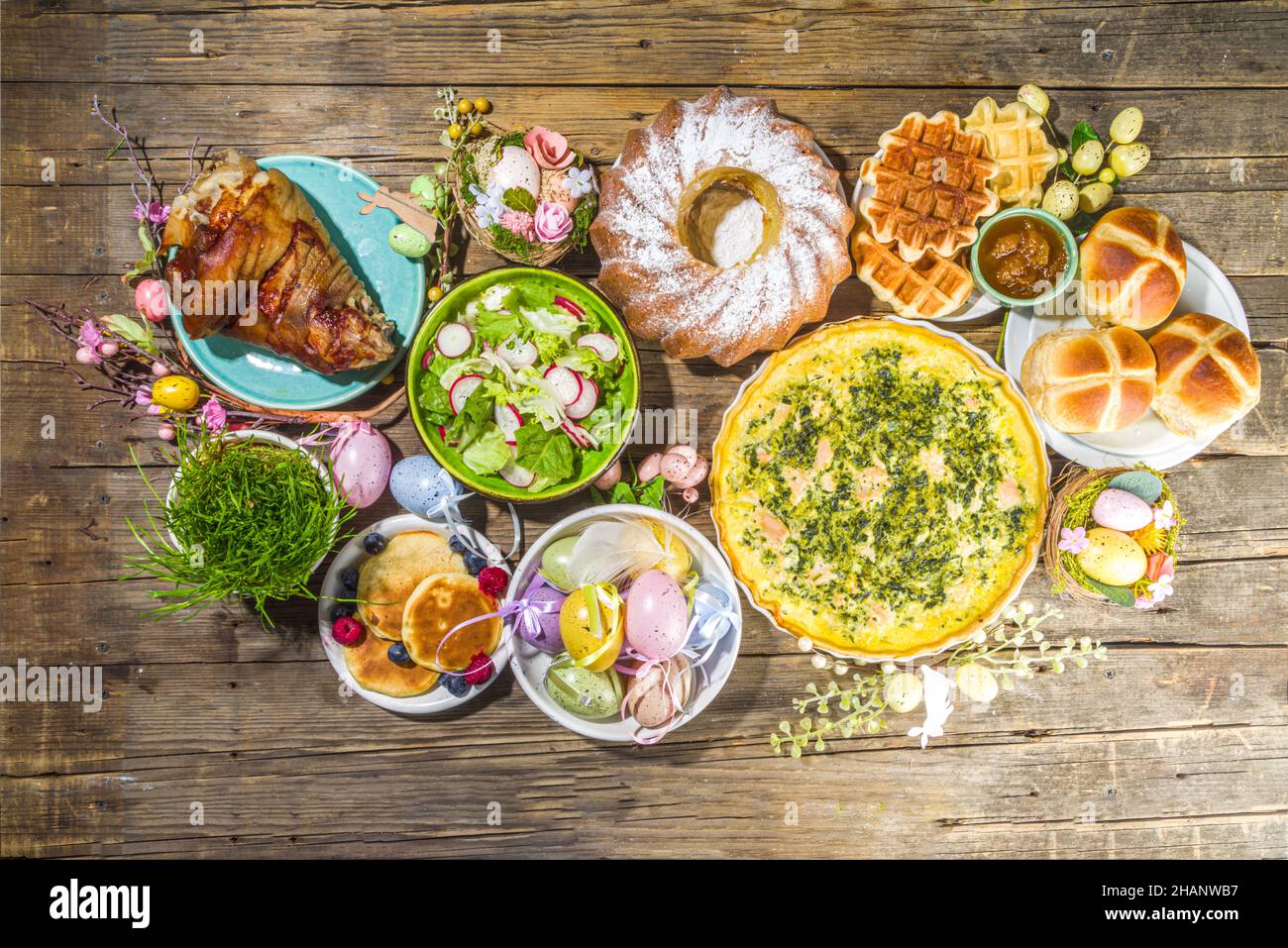 Festive dinner, Easter brunch. Traditional Easter dishes on family home ...