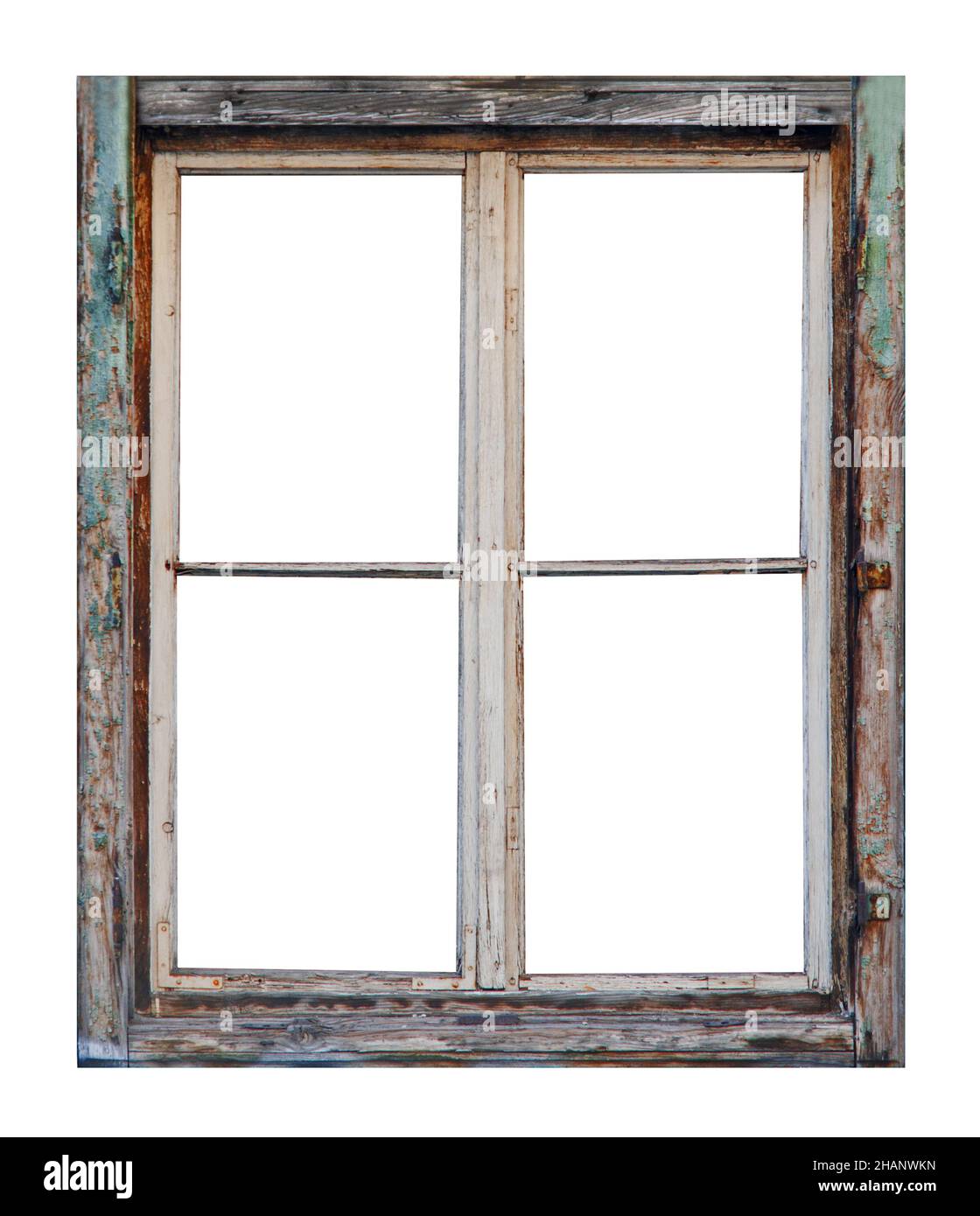 Closeup of an old wooden window with four pane isolated on a white ...