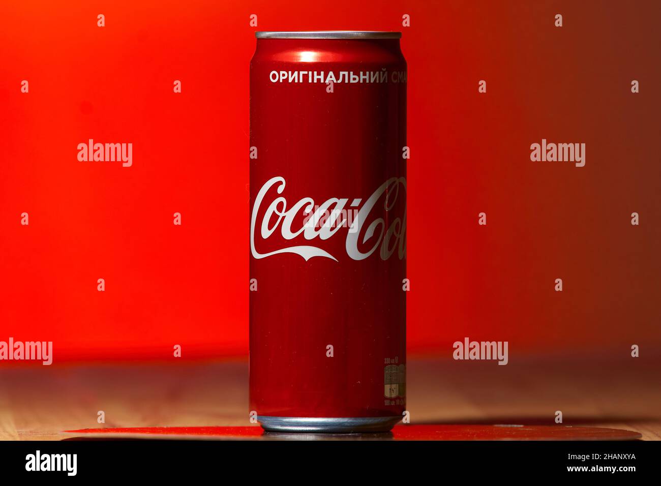 KHARKIV, UKRAINE - DECEMBER 14, 2021: A can of Coca Cola drink. The ...