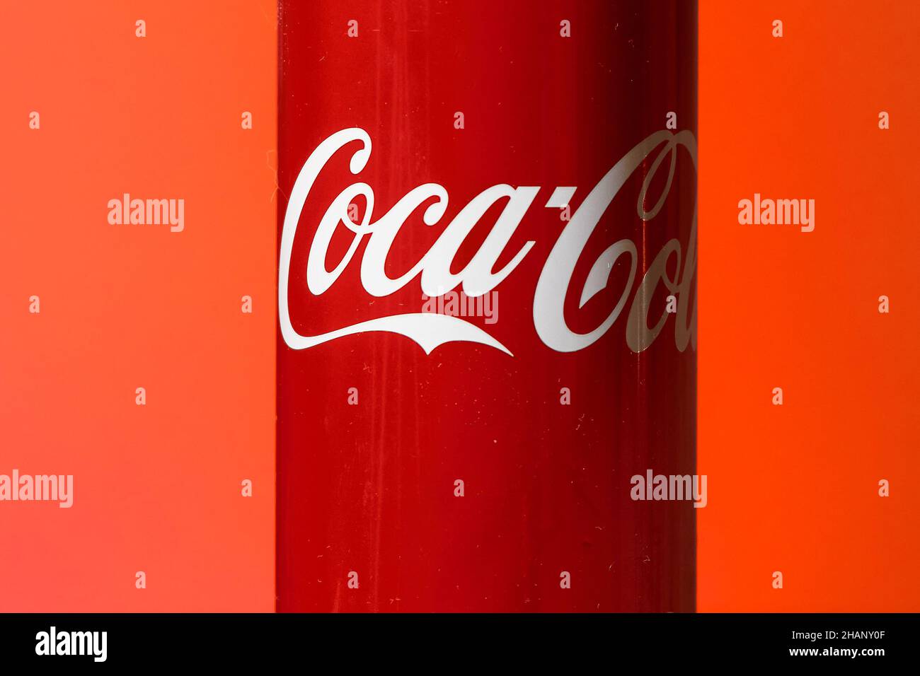 KHARKIV, UKRAINE - DECEMBER 14, 2021: A can of Coca Cola drink. The ...