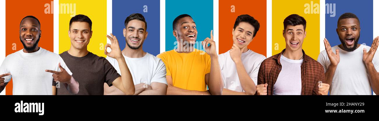 Young diverse men with different emotions on colorful background look ...