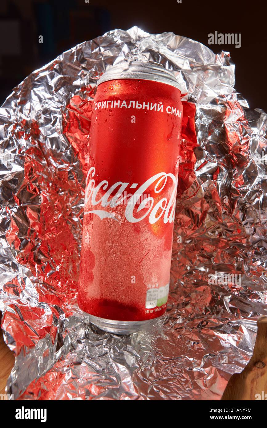 KHARKIV, UKRAINE - DECEMBER 14, 2021: A can of Coca Cola drink. The ...