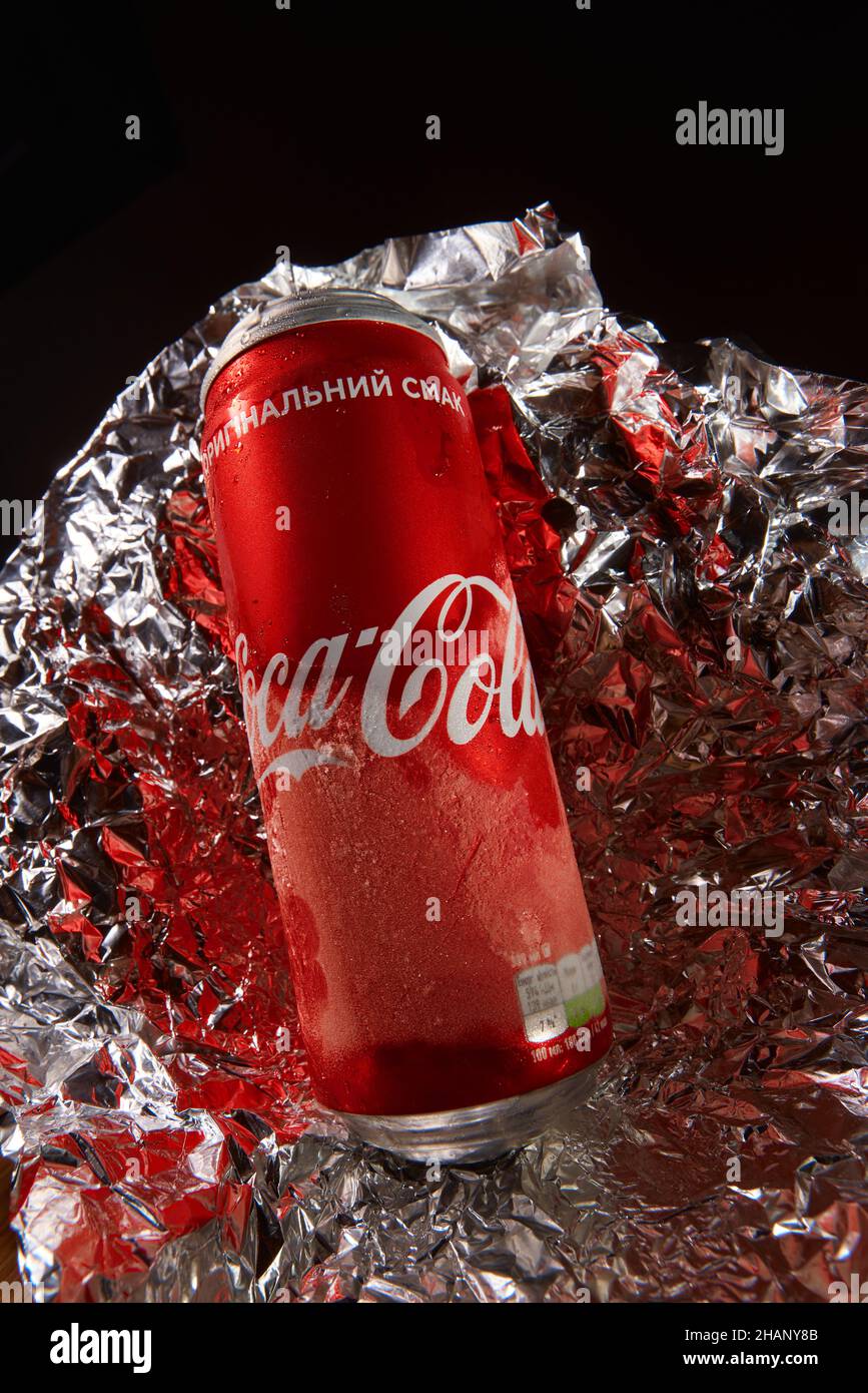 KHARKIV, UKRAINE - DECEMBER 14, 2021: A can of Coca Cola drink. The ...