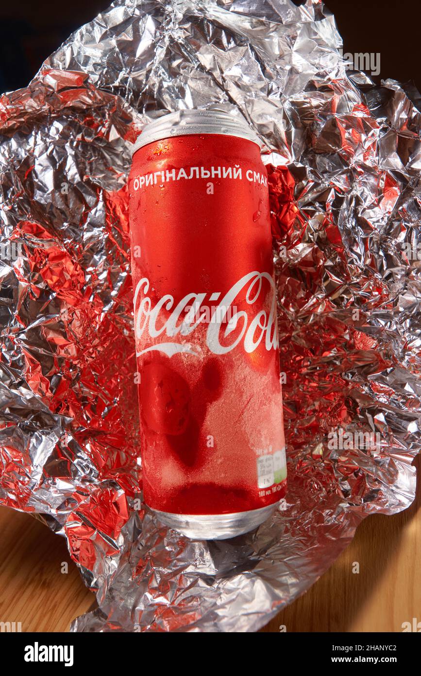 KHARKIV, UKRAINE - DECEMBER 14, 2021: A can of Coca Cola drink. The ...