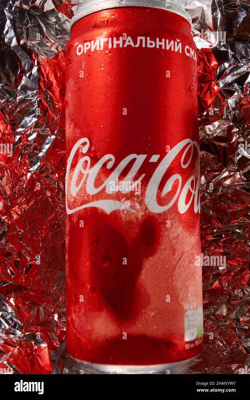 KHARKIV, UKRAINE - DECEMBER 14, 2021: A can of Coca Cola drink. The ...
