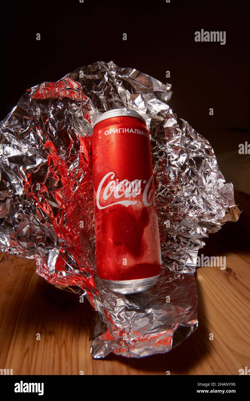 KHARKIV, UKRAINE - DECEMBER 14, 2021: A can of Coca Cola drink. The ...